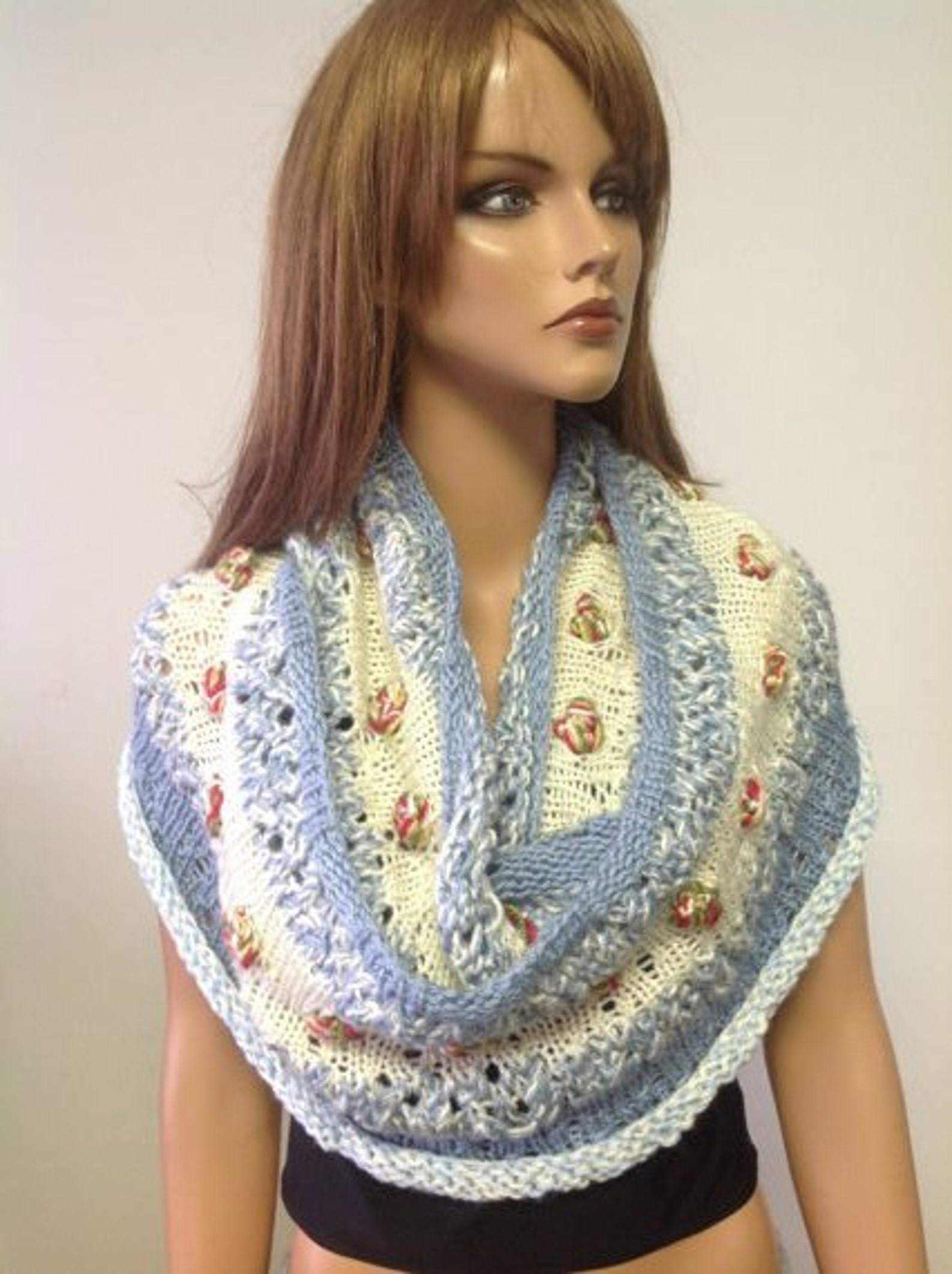 Hand Knit Extra Long Denim Circular Shawl Custom Order Cowl Scarf Roses ...