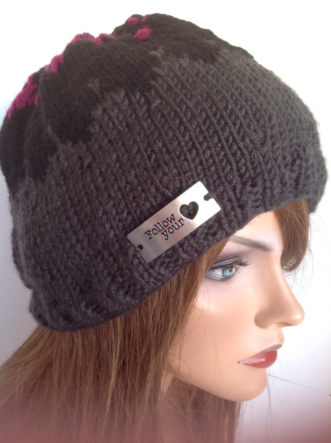 Beanie Slouch Hat Inpirational Message Designer Fashion Silver Plaque ...