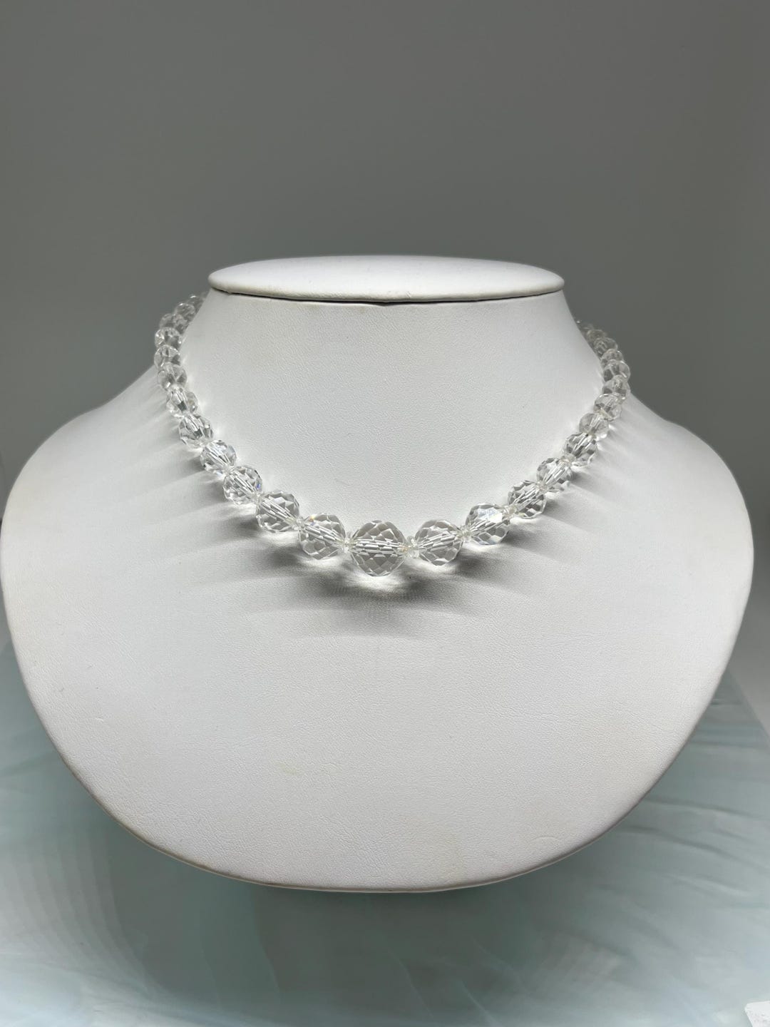 Vintage Clear Cut Knotted Glass Crystal Beaded Necklace Sterling ...