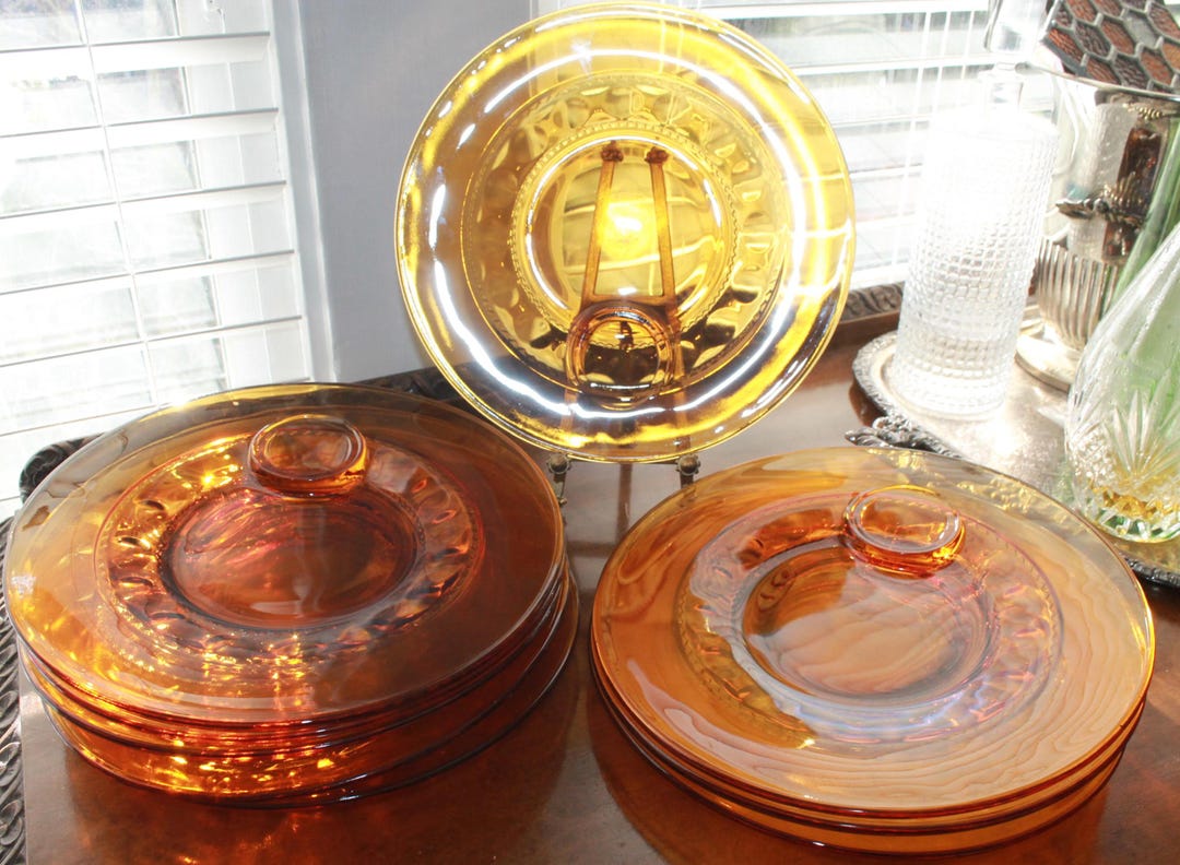 Vintage 1960s Indiana Glass King's Thumbprint Amber Plates | Dinner ...