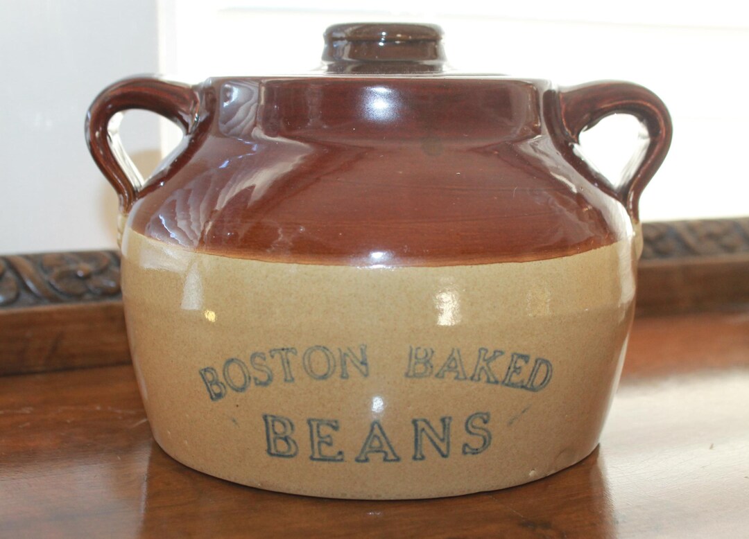 Vintage Boston Baked Beans Brown & Tan Crock With Lid and Blue ...