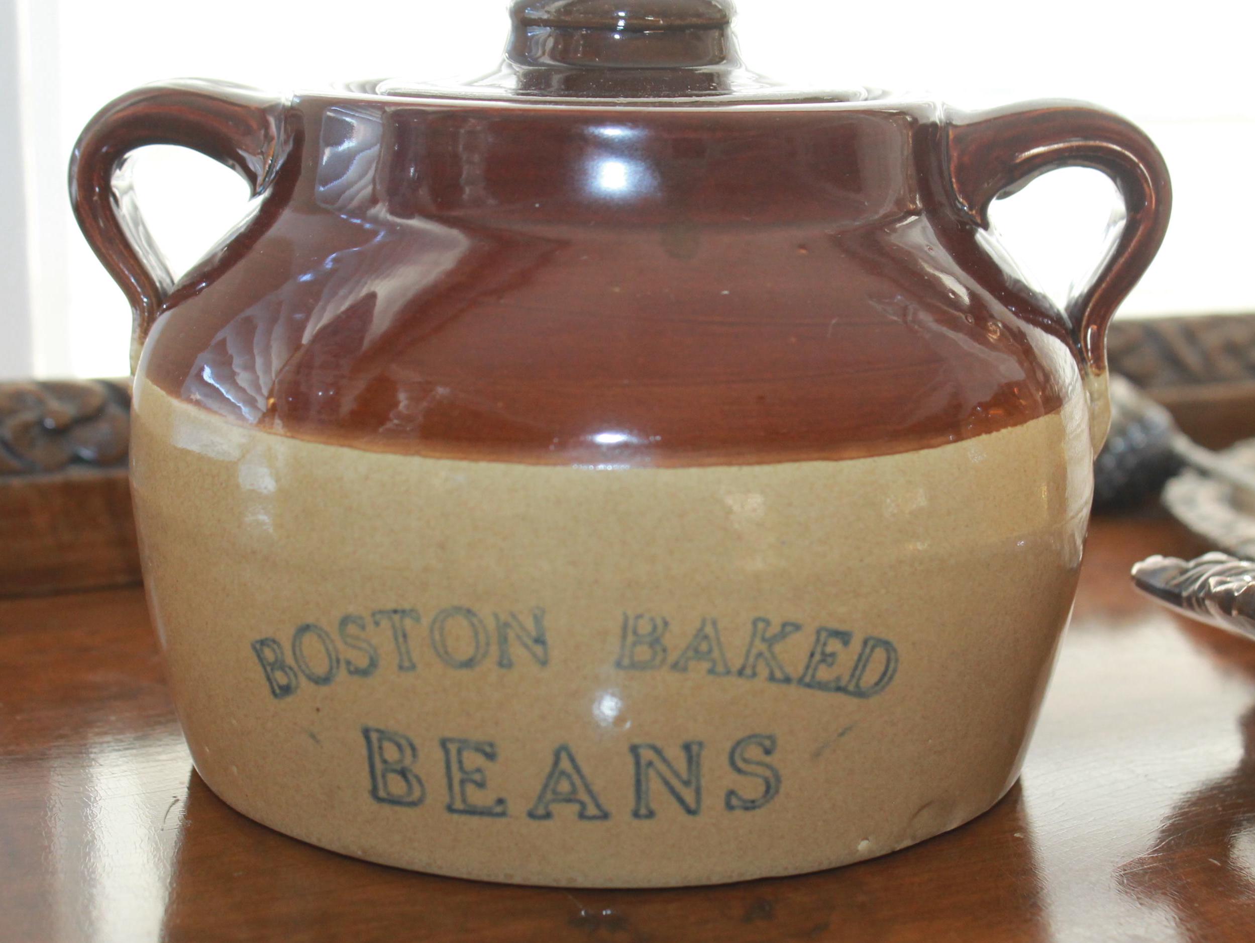 Vintage Boston Baked Beans Brown & Tan Crock With Lid and Blue ...
