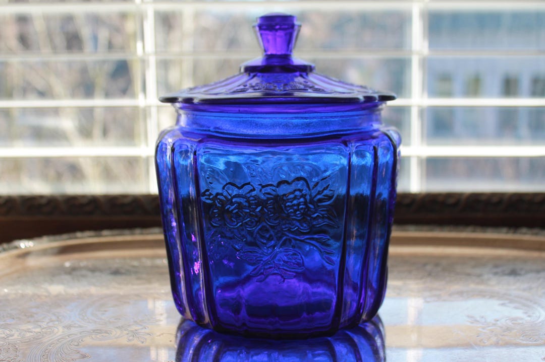 Vintage Anchor Hocking Cobalt Blue Glass "open Rose" Cookie Jar With ...