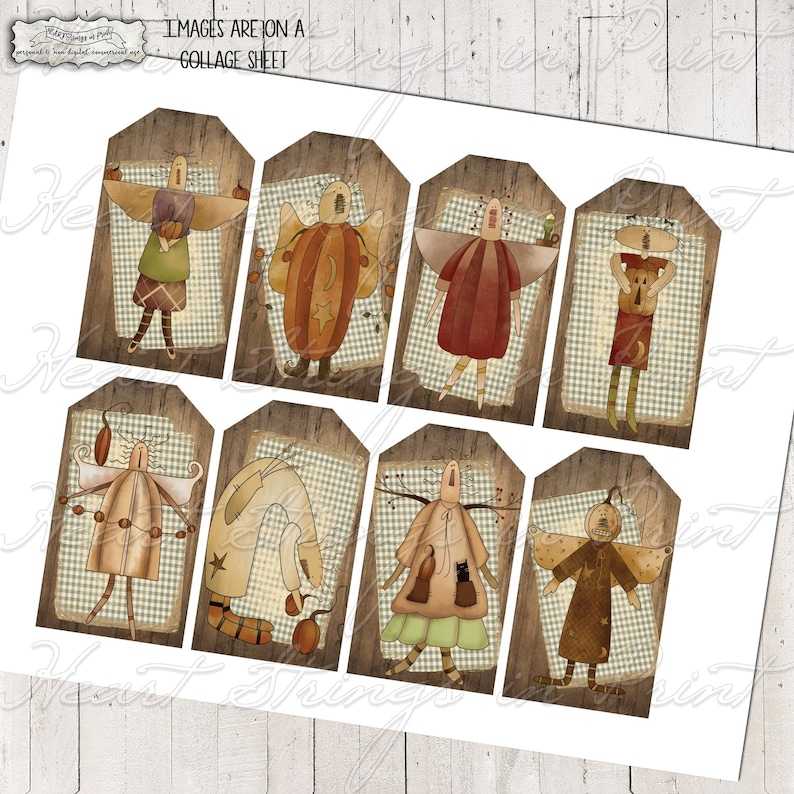 Autumn Primitive Angel Printable Tags, Collage, Digital Download 1852 ...