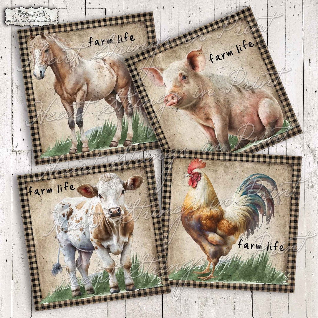 Farm Life Animals Printable, Coaster Designs, 4x4 Image Collage Sheet ...
