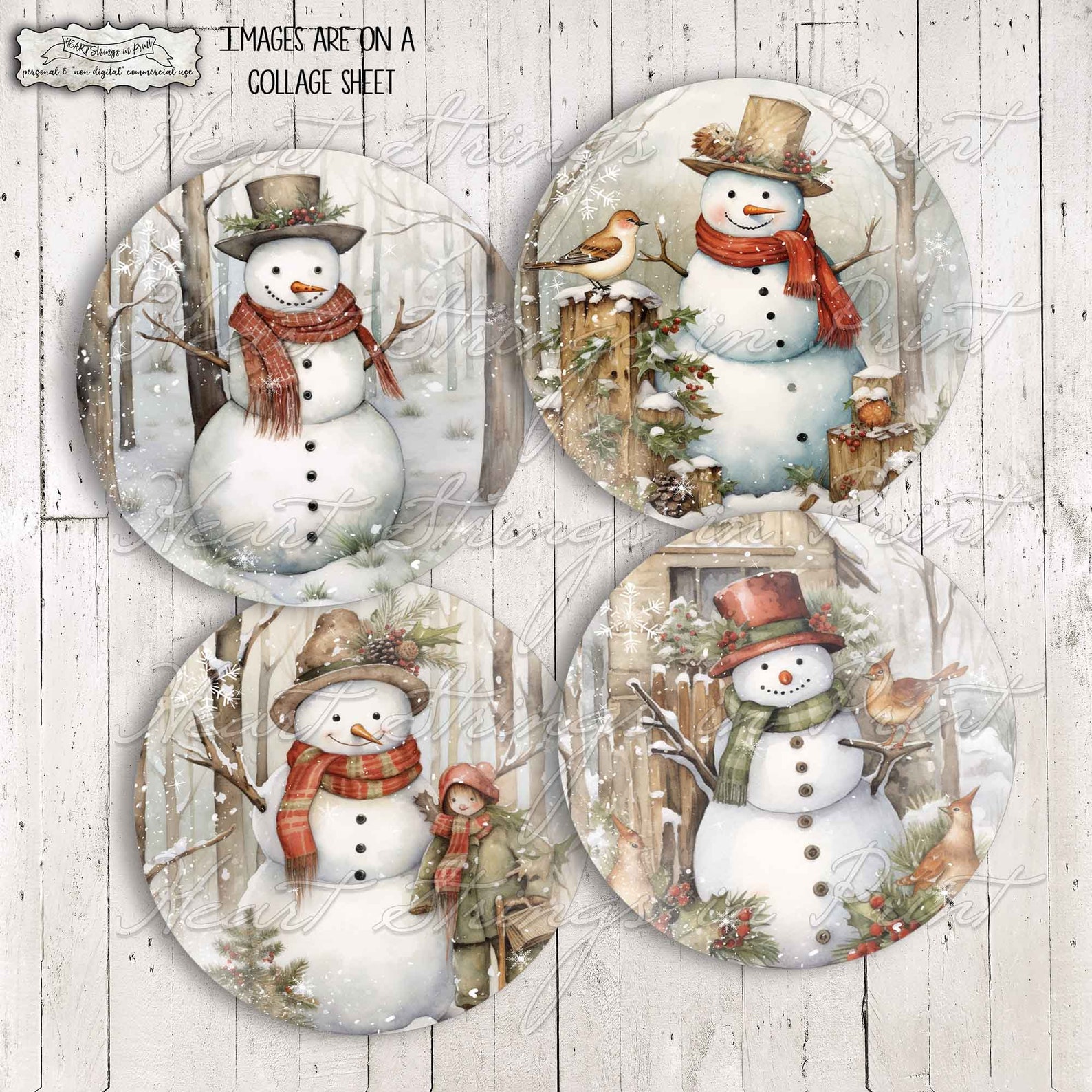 Snowmen, Winter, Coaster Designs, Circles, Collage Sheet, PNG, Instant ...