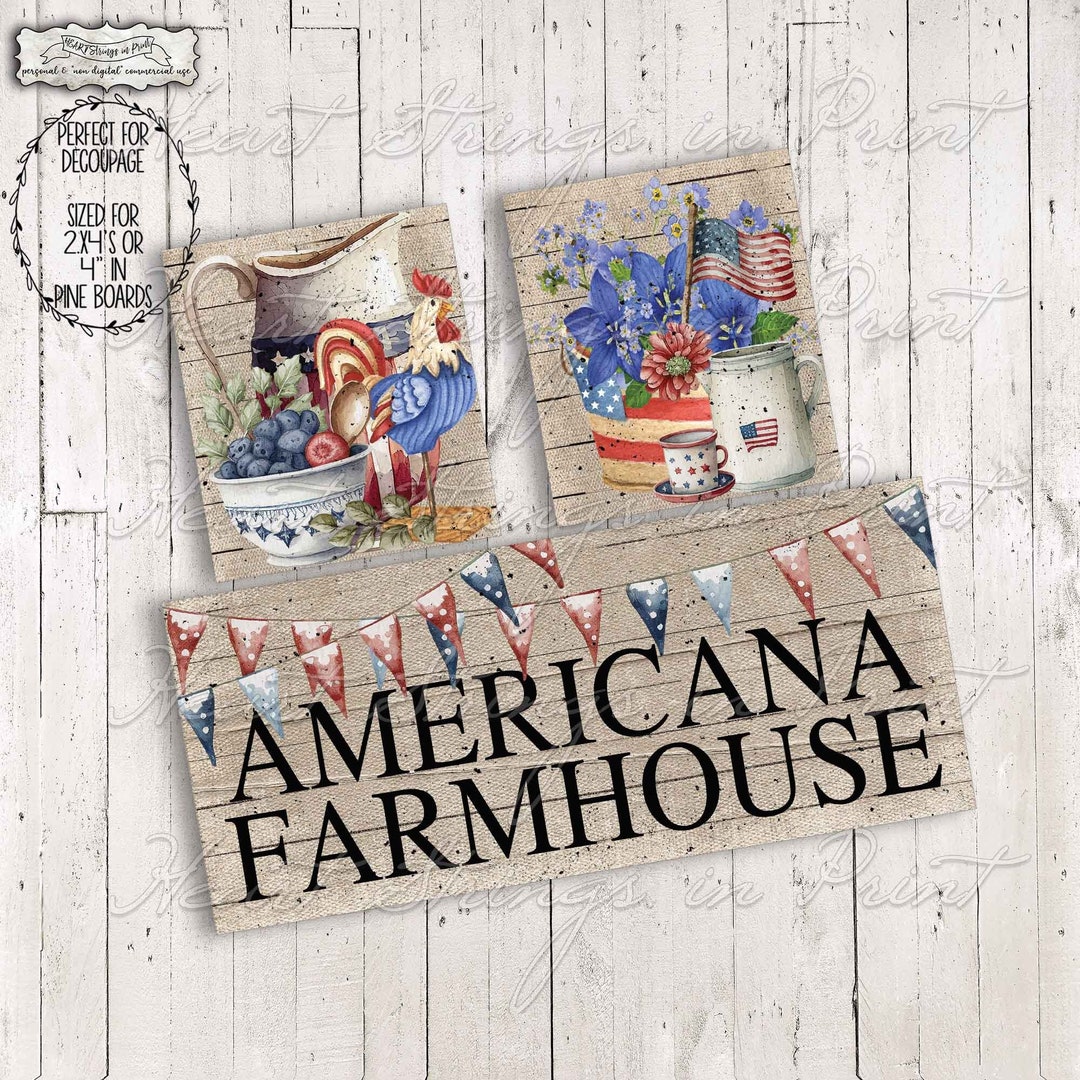 Americana Farmhouse Art Block Design, Collage, Shelf Sitter, Digital ...