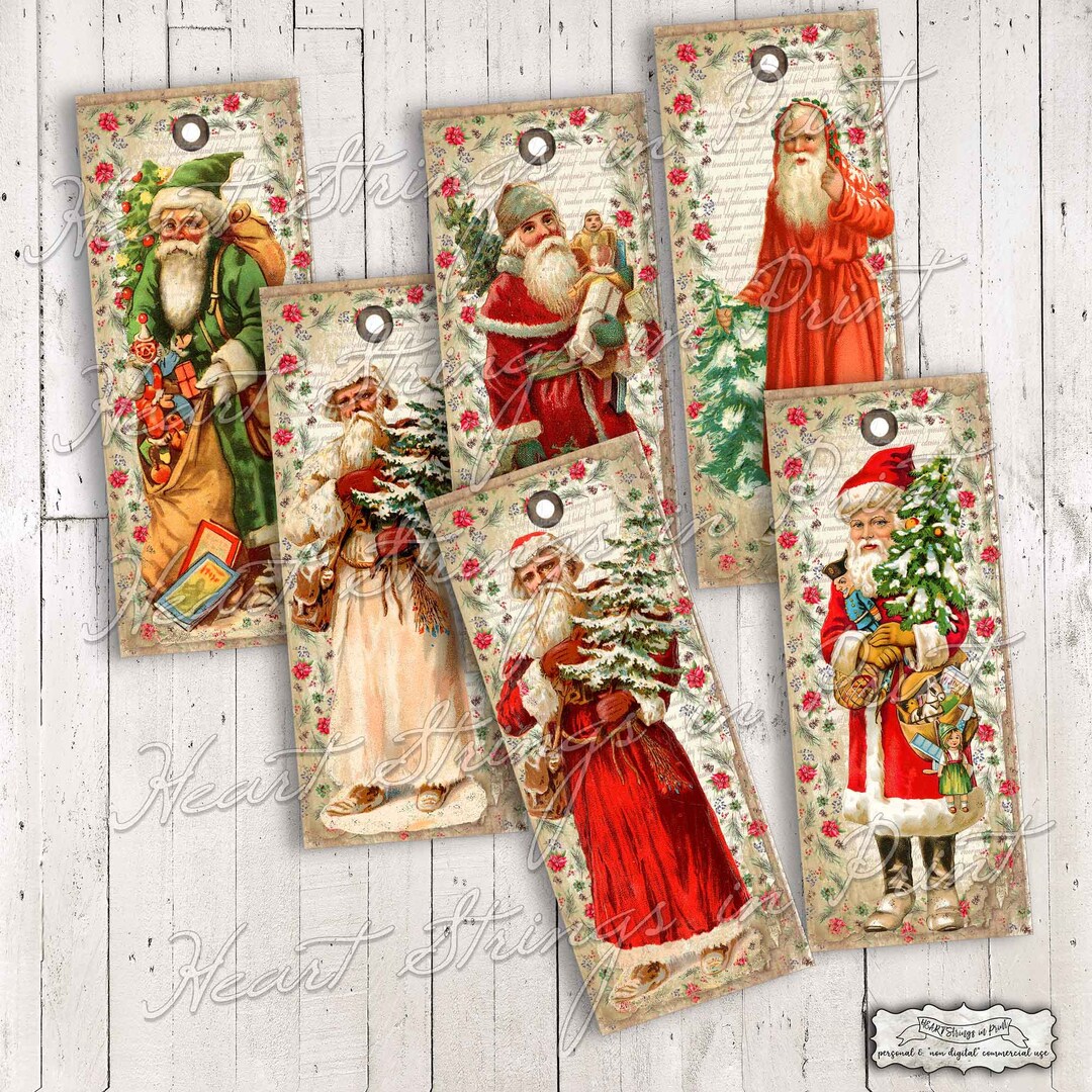 Vintage Santa, Printable, Tags, Bookmarks, Ephemera, 2x5, Image Collage ...