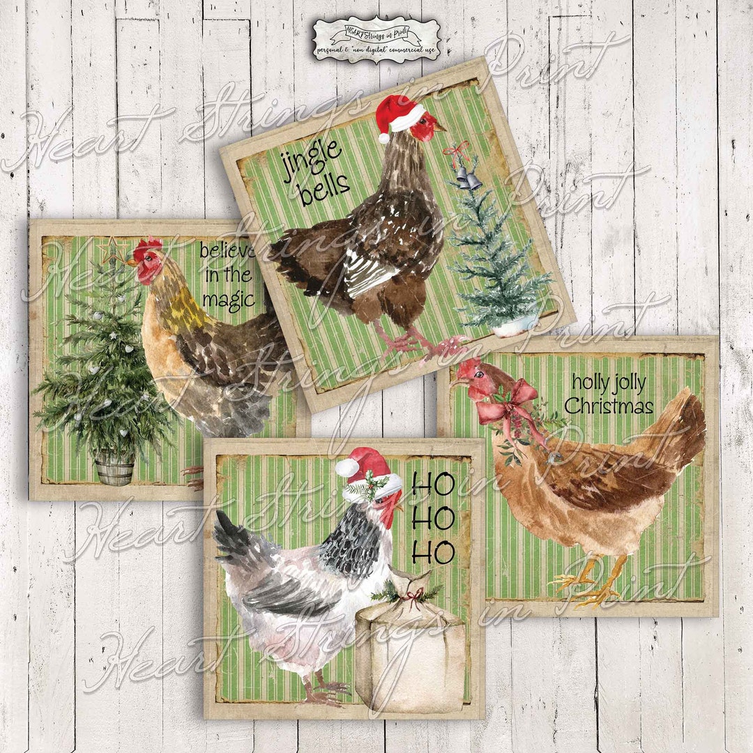 Christmas Chickens, Printable, 4x4 Image Collage Sheet, Primitive ...