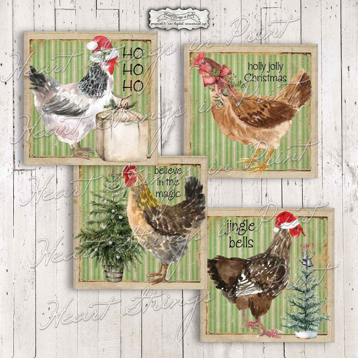 Christmas Chickens, Printable, 4x4 Image Collage Sheet, Primitive ...