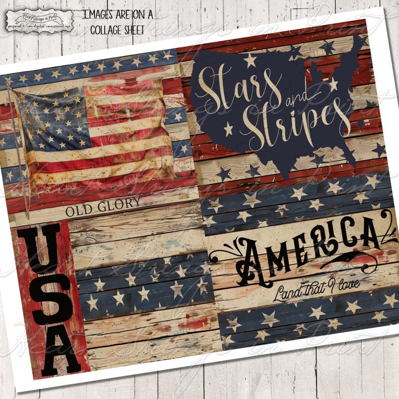 Rustic Americana Printable, Wood Sign Collage, Patriotic, Digital ...