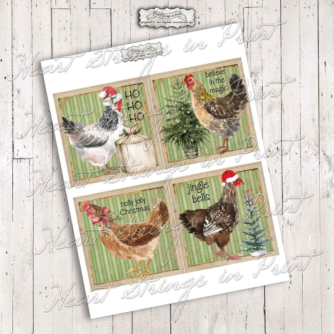 Christmas Chickens, Printable, 4x4 Image Collage Sheet, Primitive ...