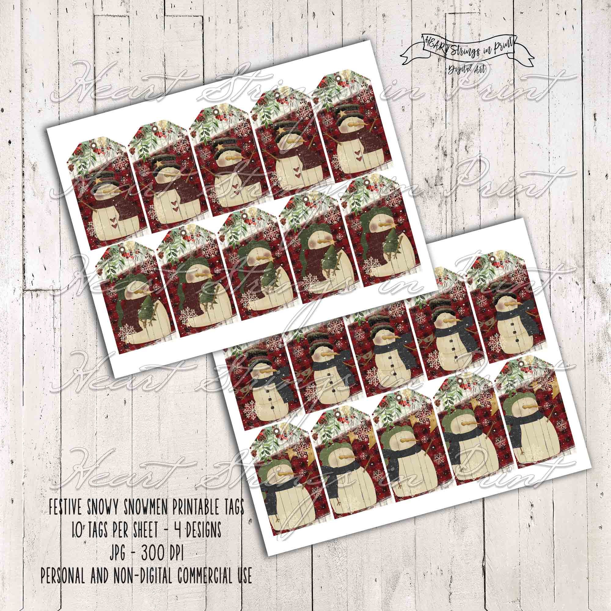 Festive Snowy Snowmen Printable Christmas Tags, Red Plaid, Primitive ...