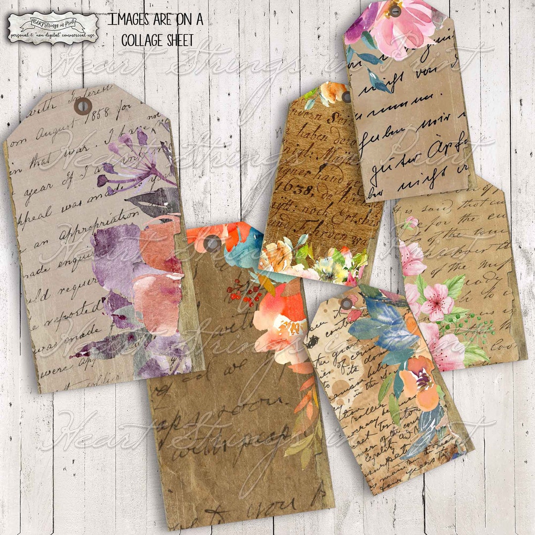 Floral Handwriting Printable Tags, 2 Sizes, Collage Sheet, Ephemera ...