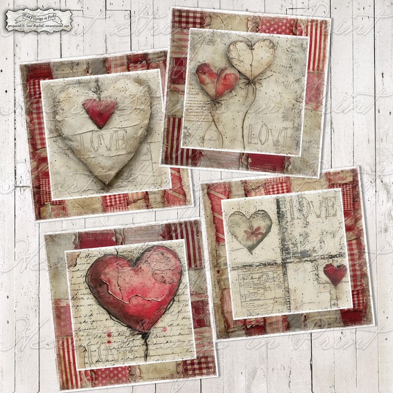 Hearts of Love Printable, Valentine 4x4 Collage, Rustic, Primitive ...