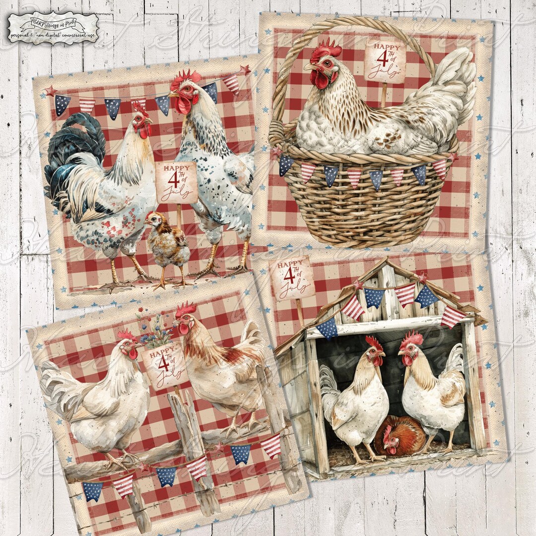 Americana Chickens Printable, 4x4 Collage, Primitive, Digital Download ...