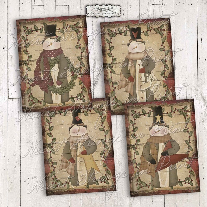 Rustic Snowmen Printable, 3x4 Image Collage Sheet, Ephemera, Primitive ...