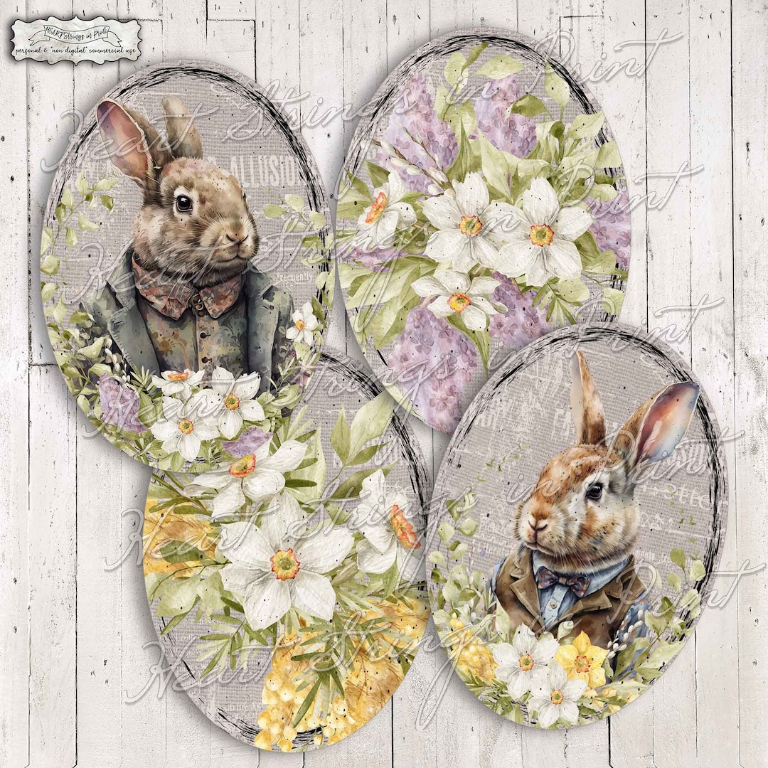 Vintage Rabbits and Floral Printable, 5x7 Oval Designs, Image Collage ...