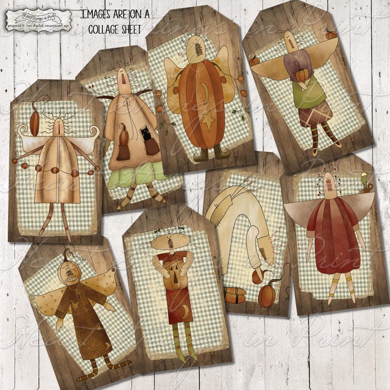 Autumn Primitive Angel Printable Tags, Collage, Digital Download 1852 ...