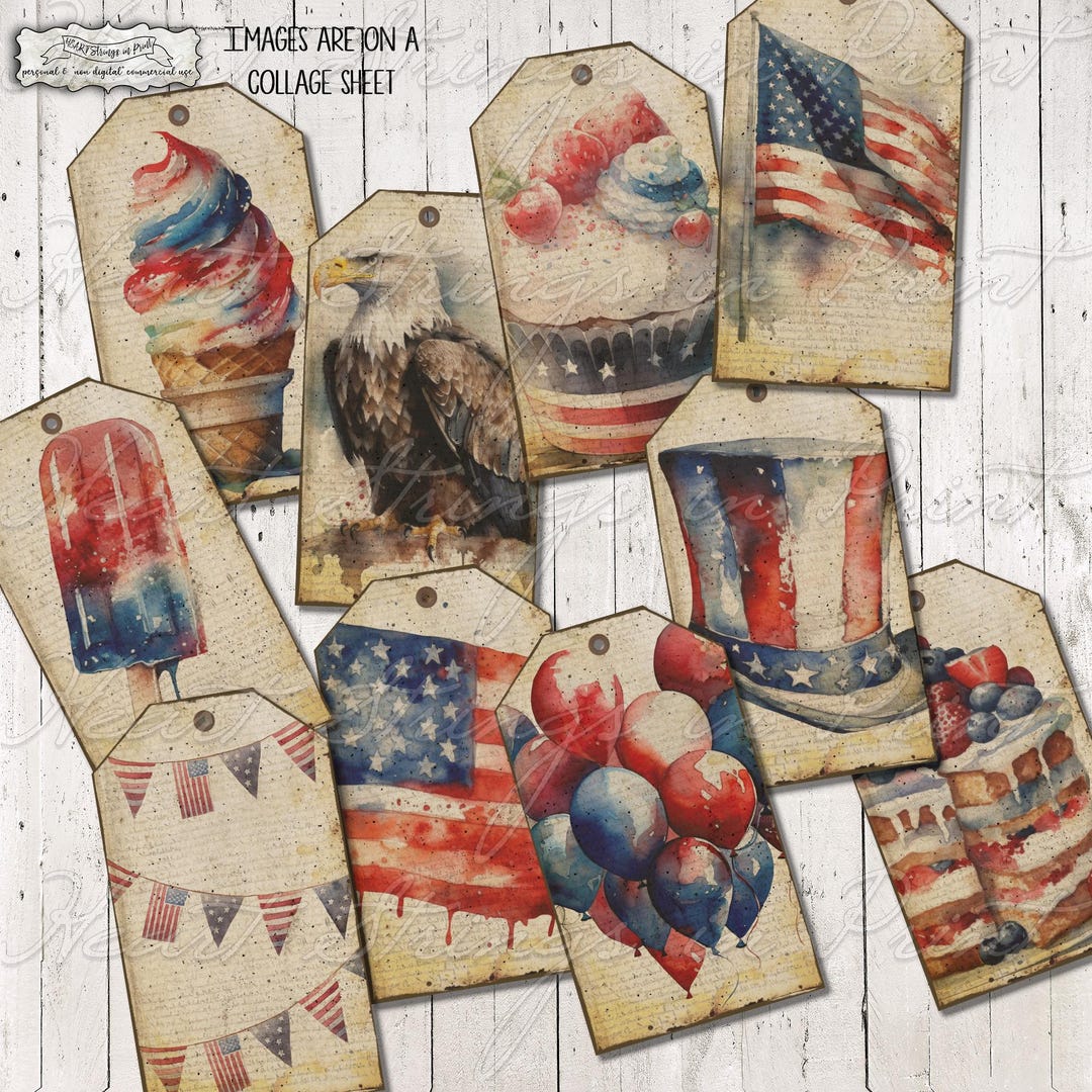 Patriotic Printable Tags, Red White & Blue Ephemera, Collage, Digital ...