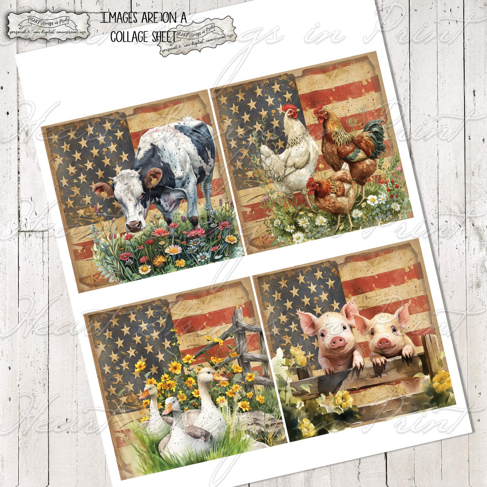 Americana Flag Farm Animal Printable, 4x4 Collage, Mini Prints ...
