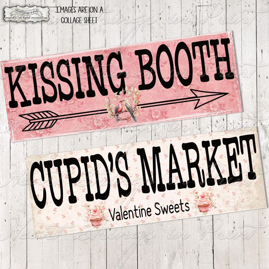 Kissing Booth, Cupid's Market Art Block Design, Primitive Collage ...