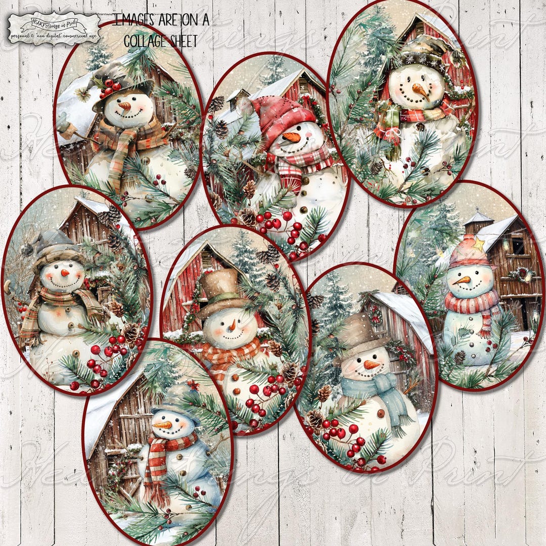 Festive Snowmen and Pine Printable, Winter Barn Scene, Oval 2.5x3.5 ...