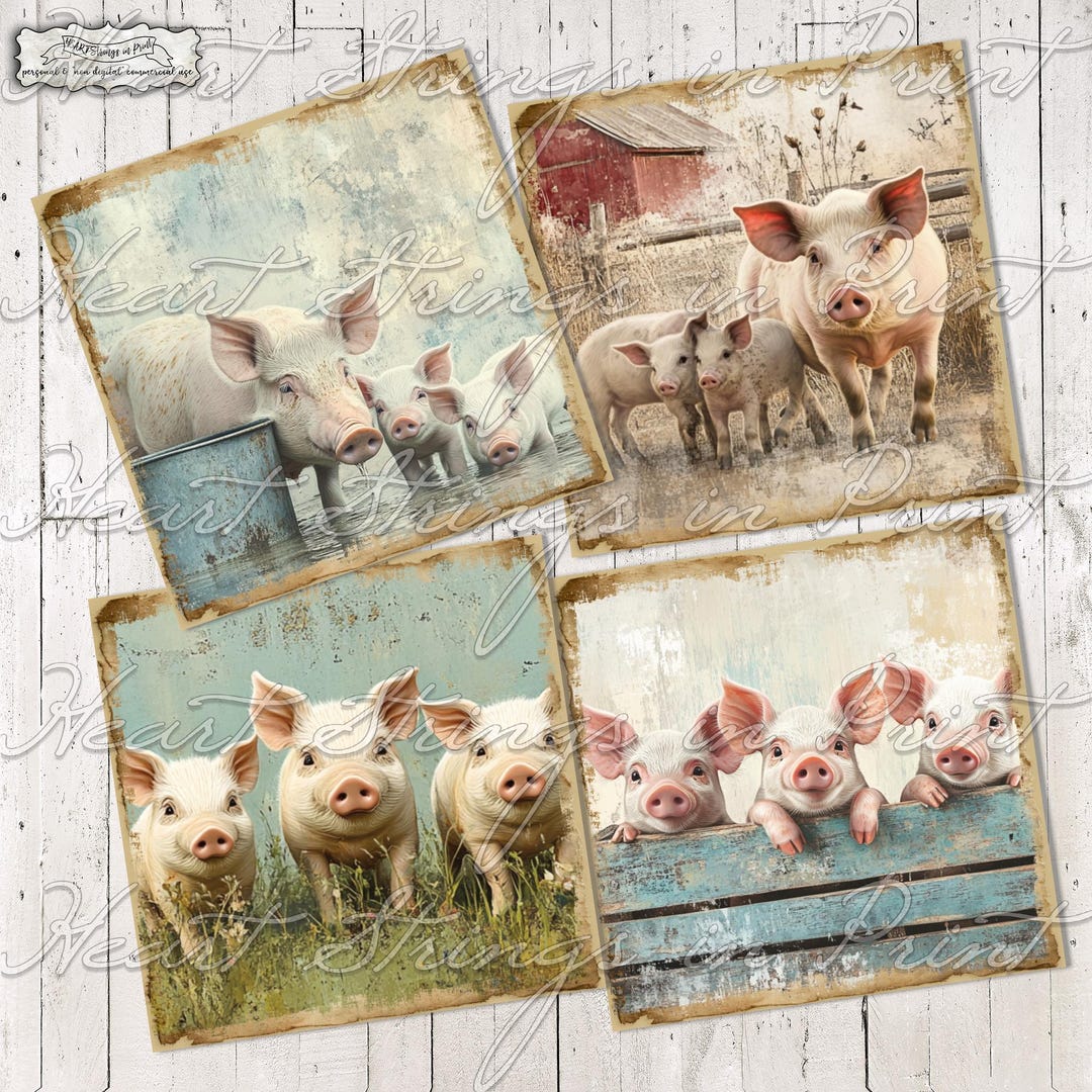 Farmhouse Pigs Printable, Rustic Collage, 2 Styles, Primitive, Digital ...