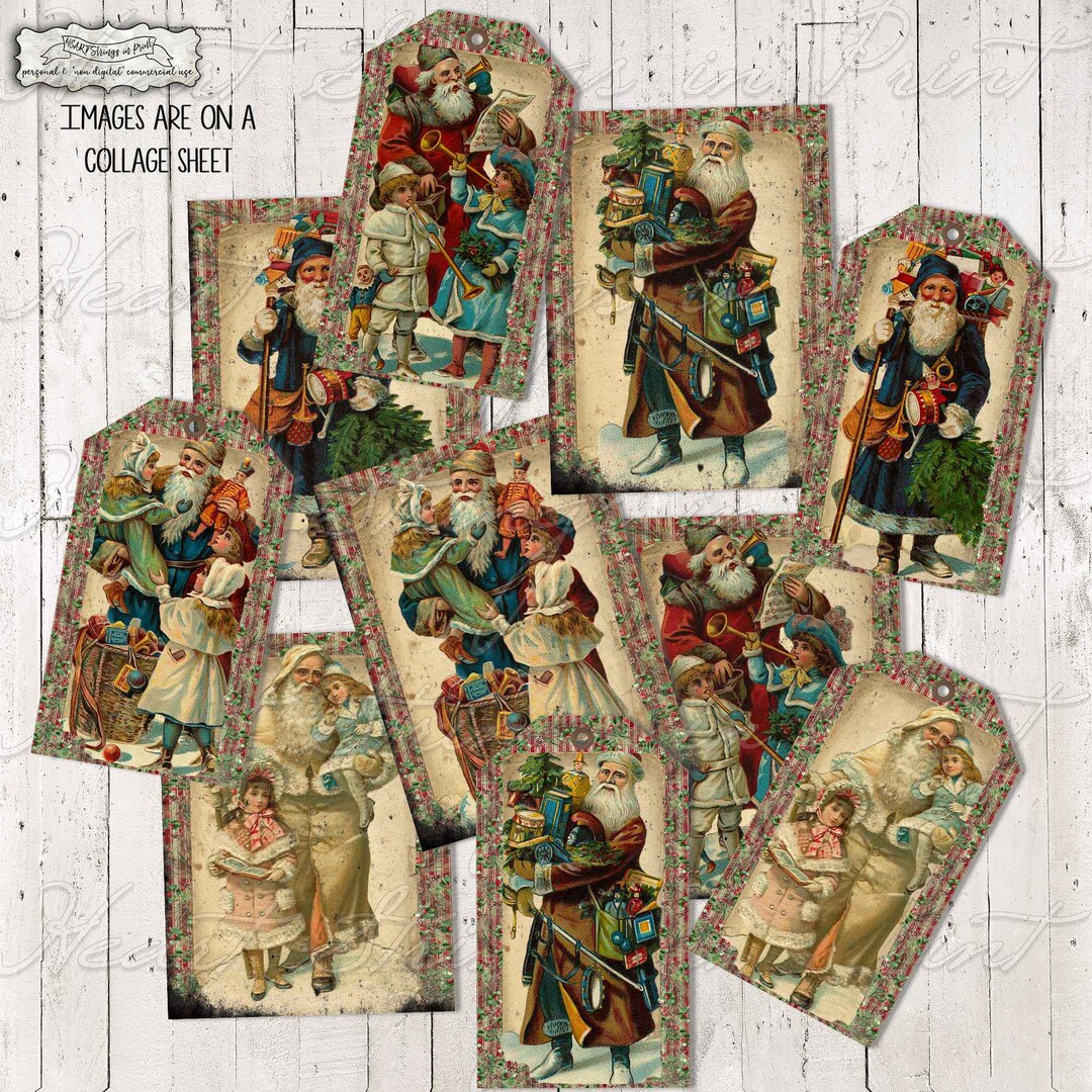 Vintage Holiday Santa, Printable Tags and Journal Cards, Ephemera ...