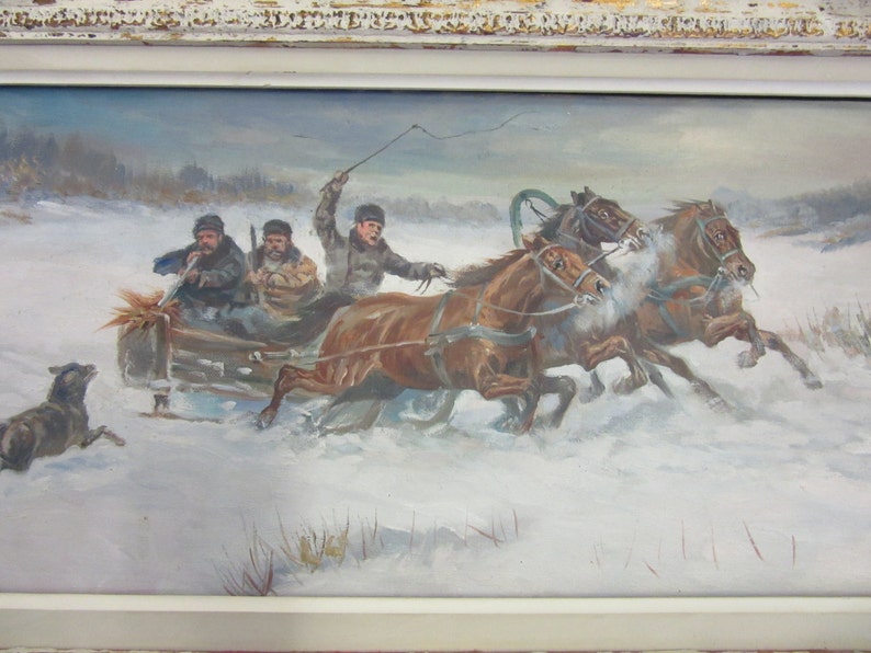 Russian Oil Painting Signed A. Scheloumott Men on a Sleigh Hunting ...