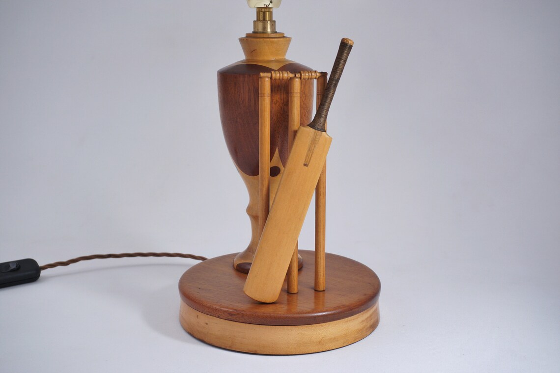 Marquetry Wood Inlaid Table Lamp, Sport Cricket Theme, 1950s Ca ...