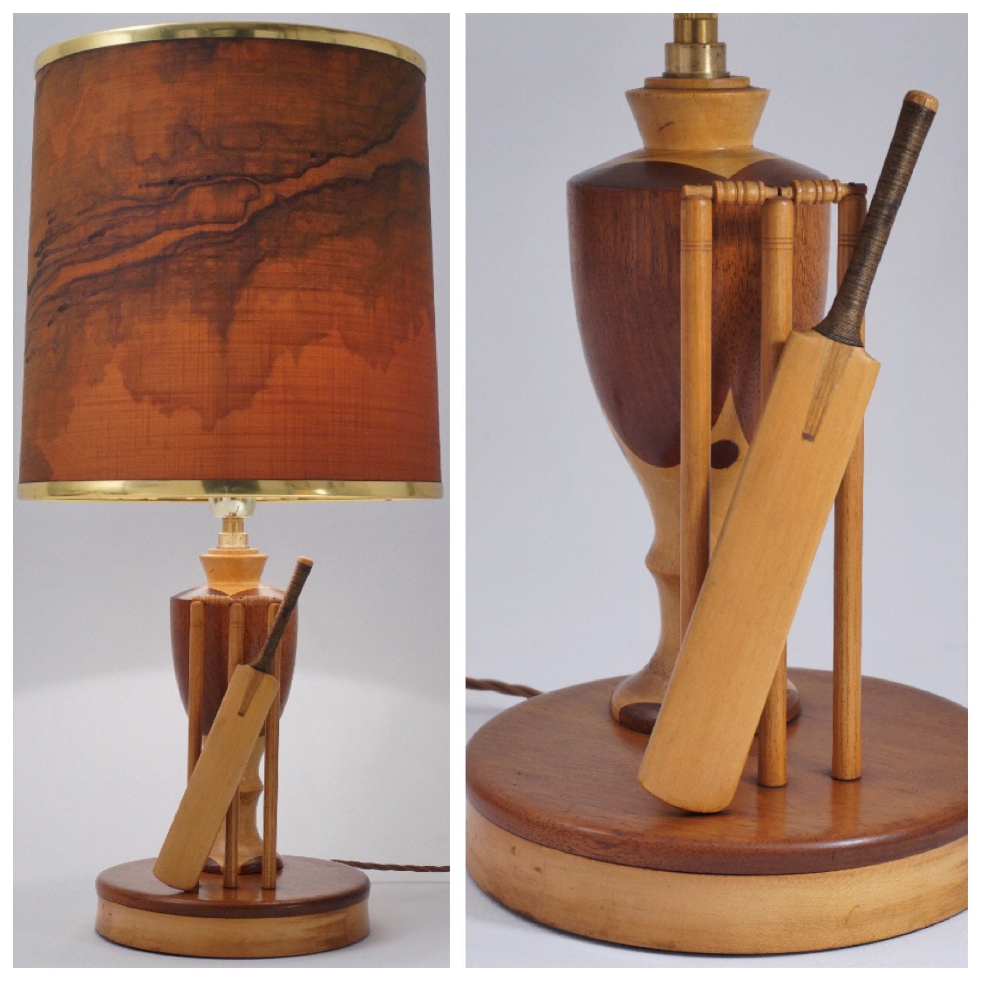 Marquetry Wood Inlaid Table Lamp, Sport Cricket Theme, 1950s Ca ...