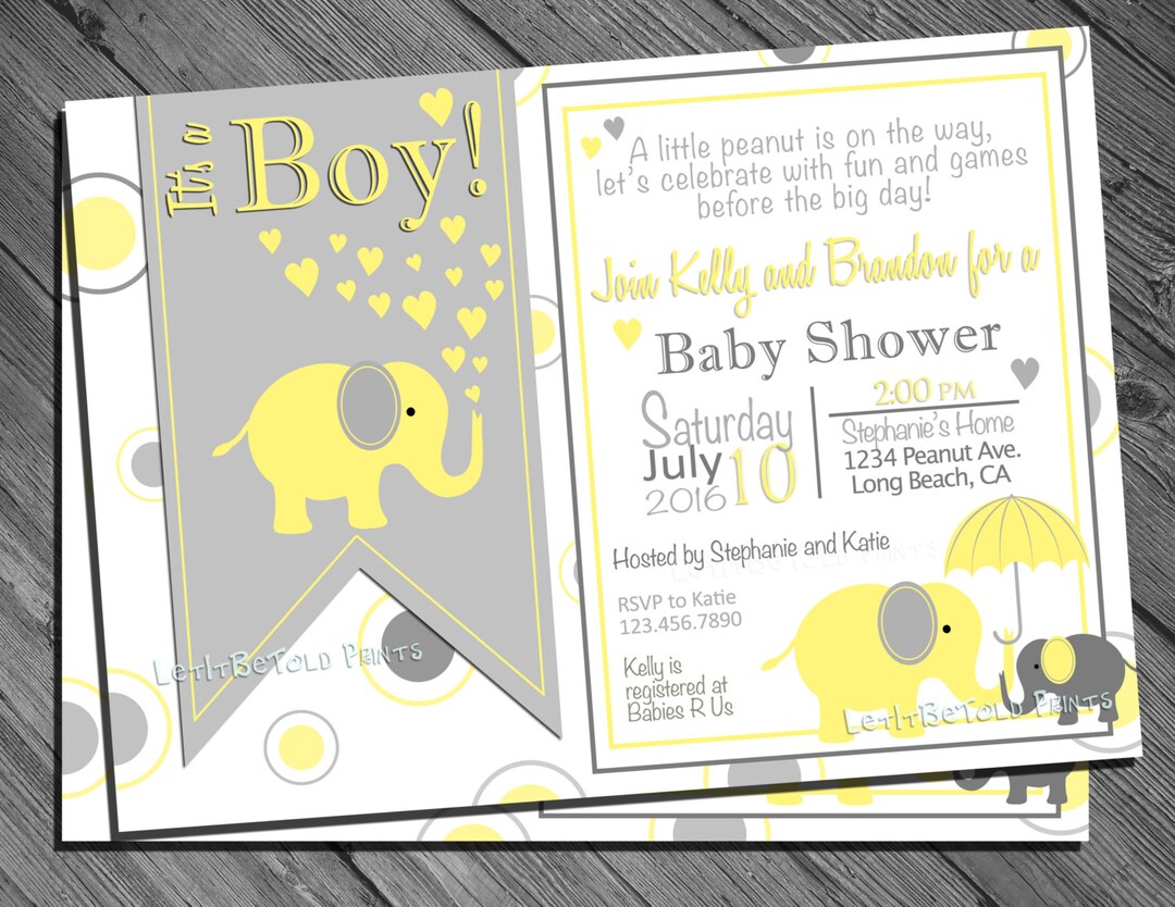 Elephant Baby Shower Invitation Boy or Girl Yellow and Grey Polka Dot ...