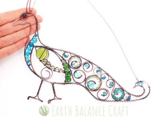 Glass Art Peacock Sun-catcher Bird Art Cooper wire peacock Colorful ...