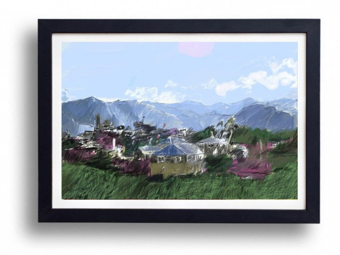 Landscape Drawing Framed Art Poster Wall Painting Mountain Village ...