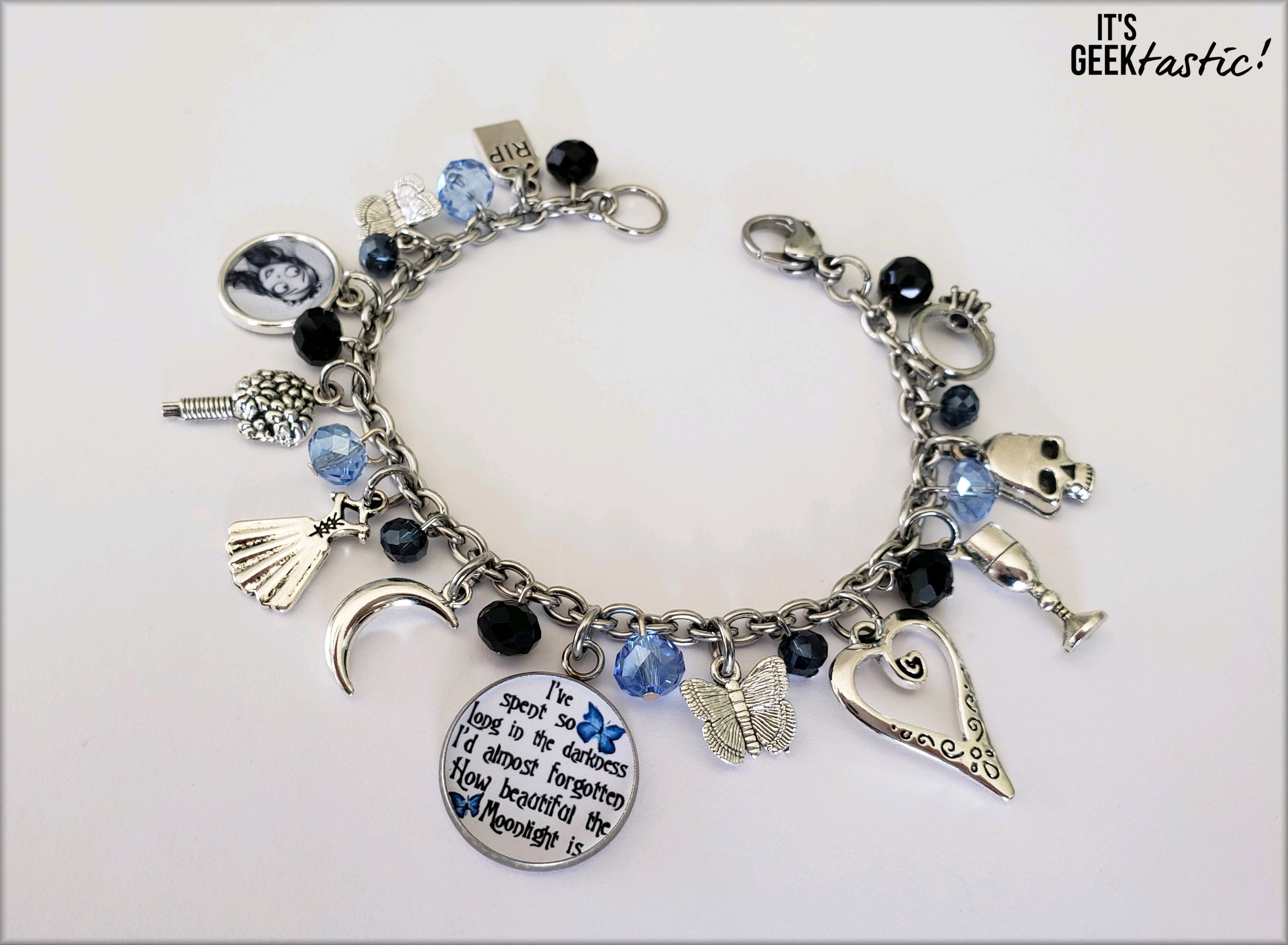 Corpse Bride Charm Bracelet: Blue Crystal & Black Glass Beads - Etsy