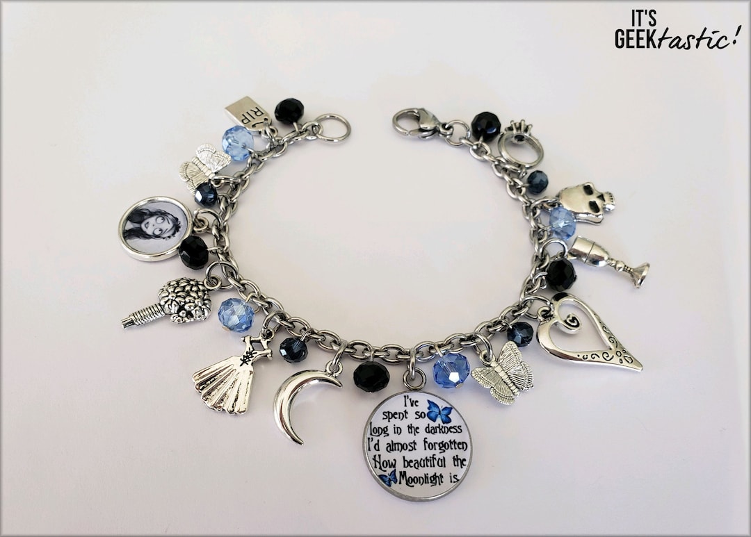 Corpse Bride Charm Bracelet: Blue Crystal & Black Glass Beads - Etsy
