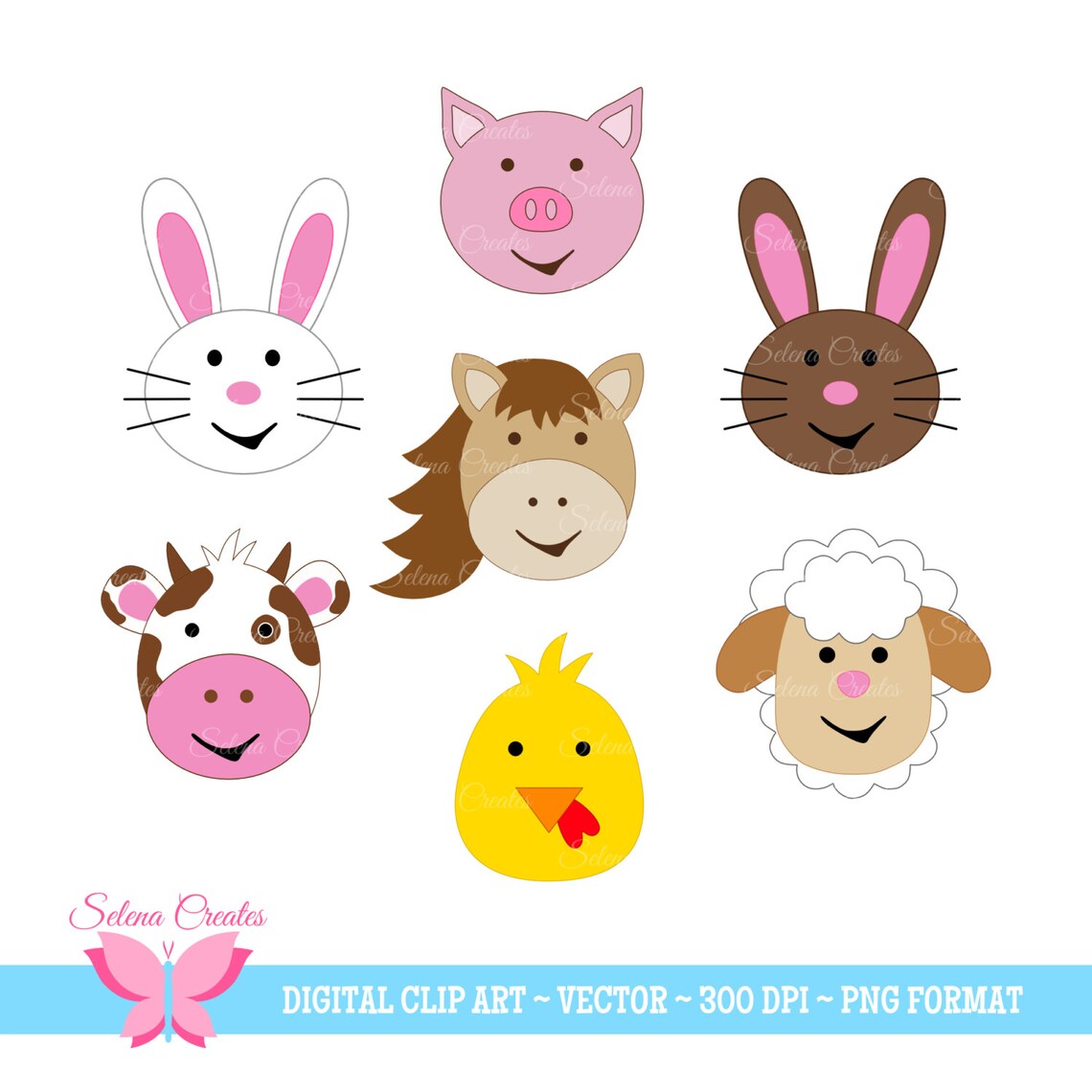 Farm Animal Clipart Set, Digital Clipart, Bunny, Horse, Pig, Cow ...