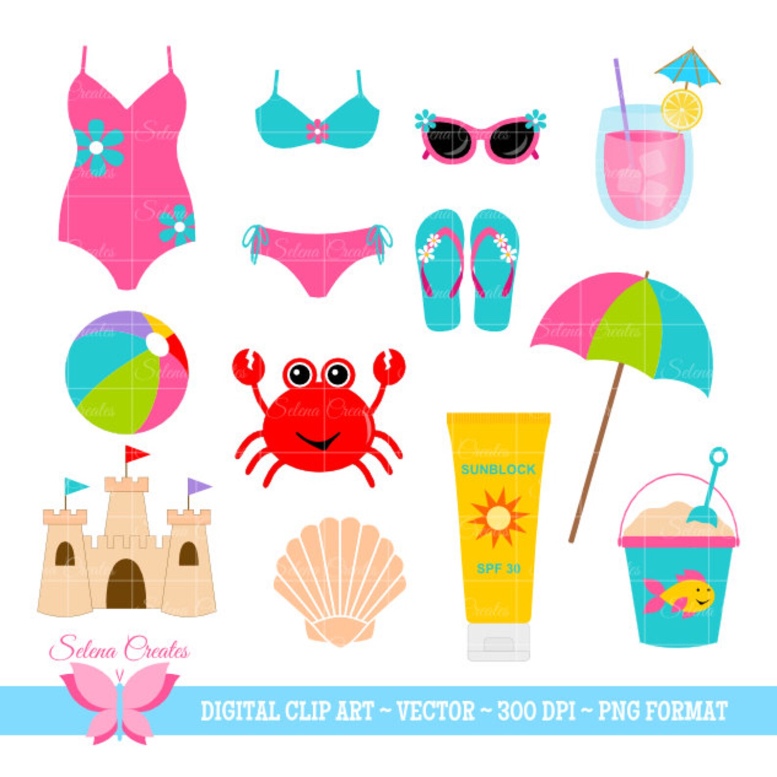 Beach Clipart Set, Digital Clipart, Clip Art, Beach Set, Summer, Vector ...