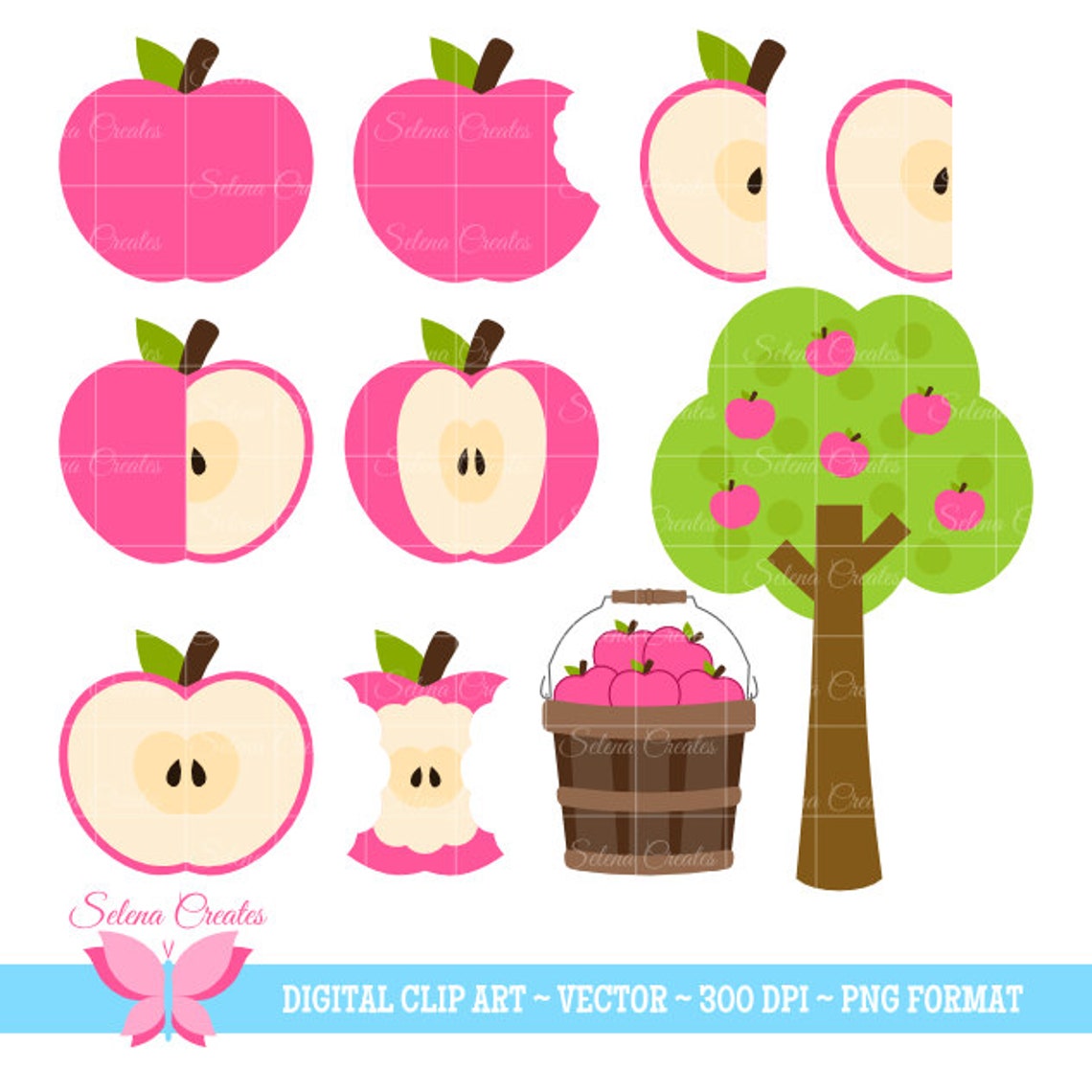 Pink Apple Clipart Set, Digital Clipart, Apple Basket, Apple Tree, Pink ...