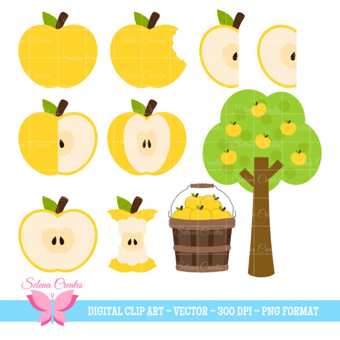 Yellow Apple Clipart Set, Digital Clipart, Apple Basket, Apple Tree ...
