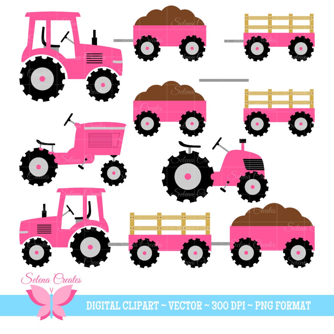 Tractor Clipart Set, Pink Tractors, Vector, PNG Format - Etsy