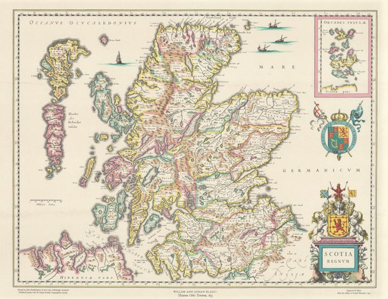 LARGE MAP of SCOTLAND 1635 by Willem & Johan Blaeu Reproduction Print ...
