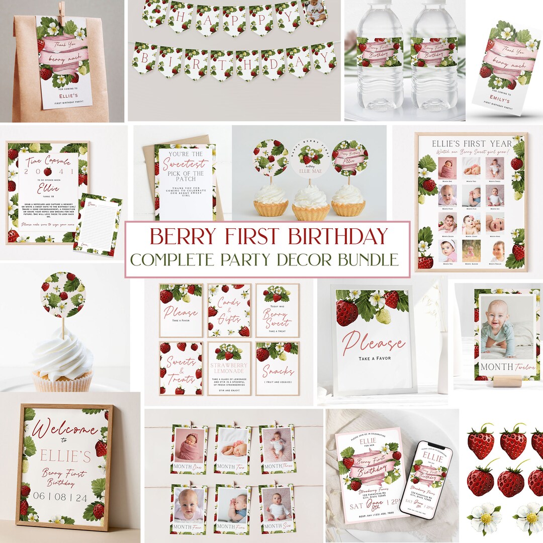 Berry Sweet One Birthday Bundle Digital Berry First Birthday Editable ...
