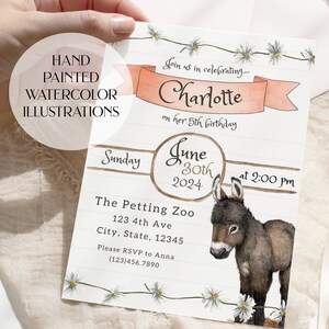 Donkey Birthday Invitation Girl Farm Theme Birthday Invite Donkey Farm ...