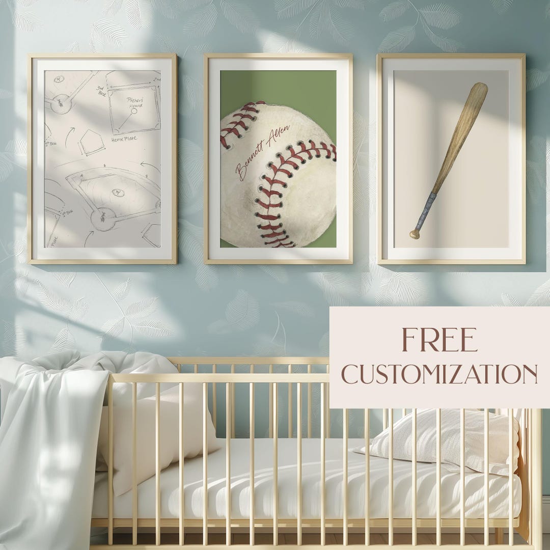 Personalized Baseball Sport Theme Nursery Wall Art Set of 3 Vintage ...