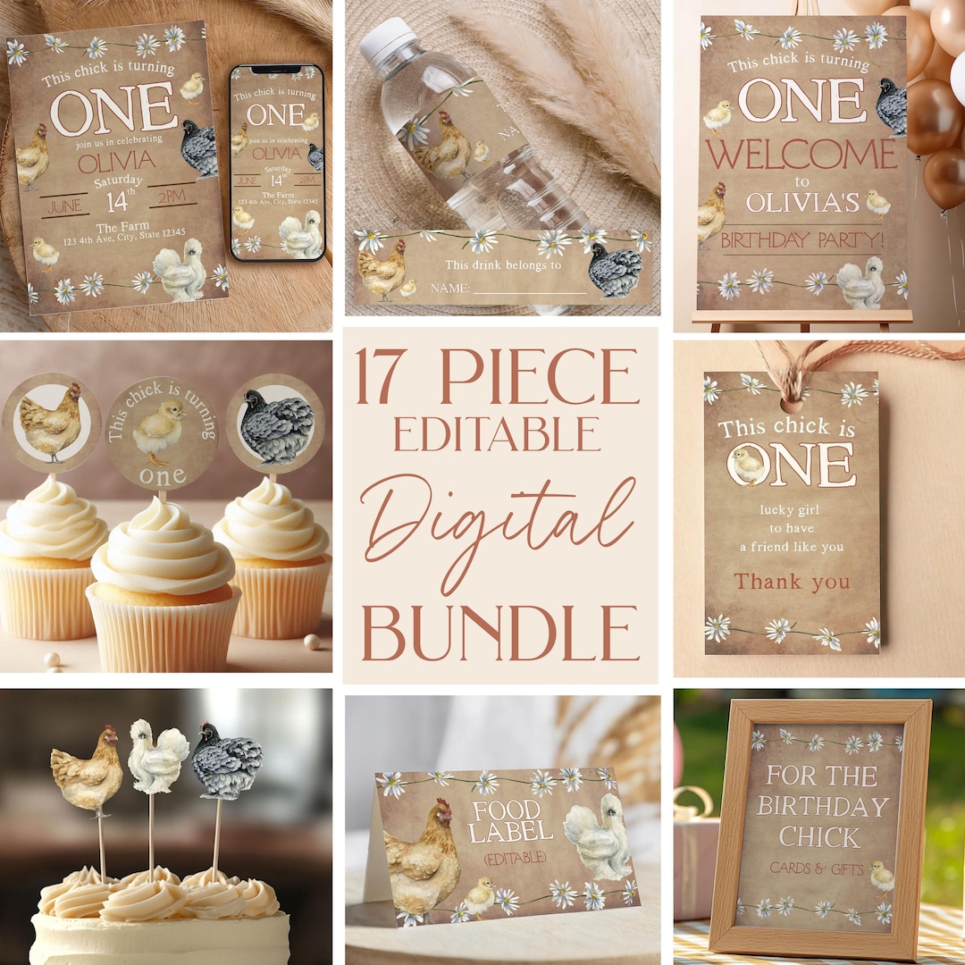 Chick is One Birthday Bundle Digital Chicken Party Supplies Spring Girl ...