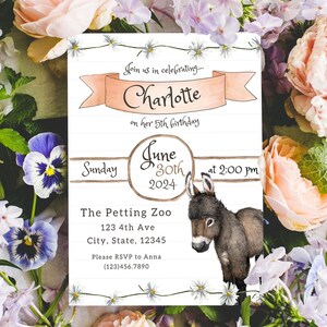 Donkey Birthday Invitation Girl Farm Theme Birthday Invite Donkey Farm ...