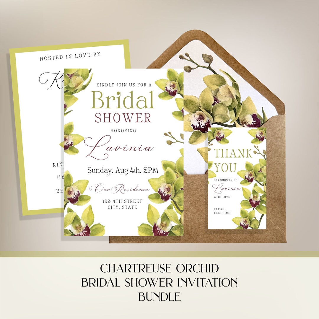 Chartreuse Orchid Bridal Shower Invitation Bundle Orchid Wedding Shower ...