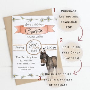 Donkey Birthday Invitation Girl Farm Theme Birthday Invite Donkey Farm ...